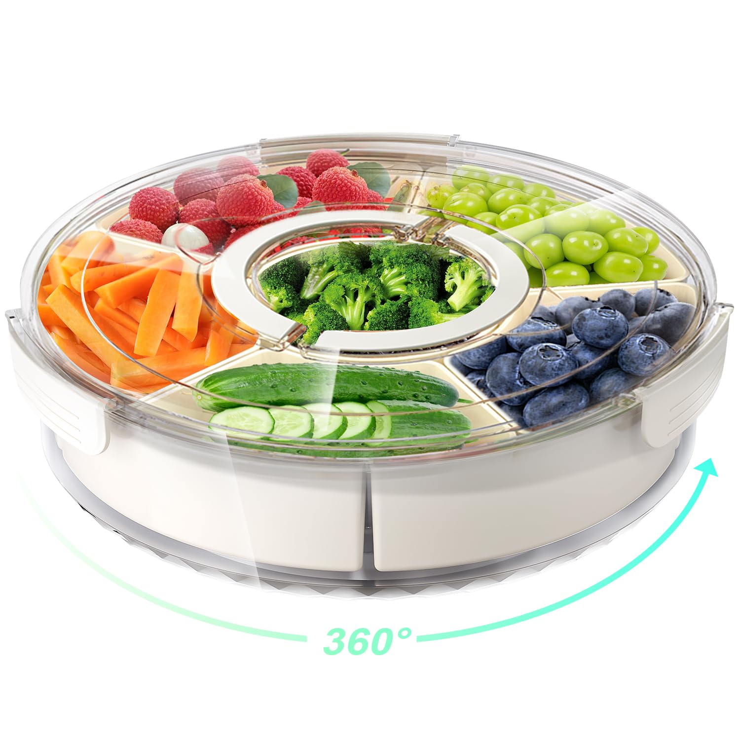 Divided Rotating Serving Tray with Lid and Handle, Portable Snackle Box for Fruits Snacks Veggie Charcuterie, Clear Snack Spinner Organizer and Storage for Adults Child (12" L-1pcs-6 Compartments)