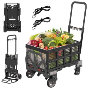 2-1 folding hand truck dolly with shopping basket, 330lb heavy duty carrying with 4 wheels foldable, retractable handle collapsible cart, include 2 bungee cords, for moving, luggage, office