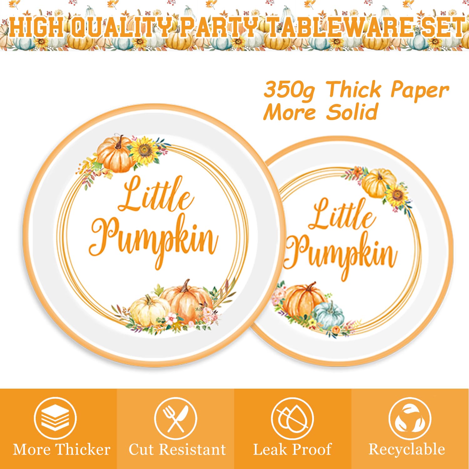 Fall Little Pumpkin Baby Shower Party Decorations Thanksgiving Pumpkins Disposable Birthday Party Decorations Set with Plates, Cups, Napkins, Tablecloth, Banner, Knives, Spoons and Forks, Serves 24