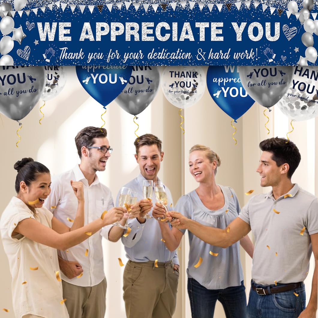 We Appreciate You Decorations Navy Blue Siver We Appreciate You Banner with 18 Balloons Thank You Yard Sign for Teacher Employee Staff Poaster Doctors Nurse Volunteer Appreciation Week Party Decor