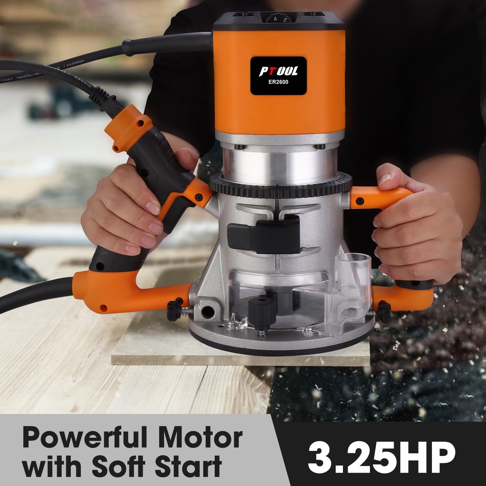 PTOOL 3.25HP/15A Fixed Base Router, Soft Start, 6 Variable Speed from 10000 to 21000RPM, Precise Depth Adjustment, 1/2" Collet, 4.2" Diameter, 3-1/4 HP Industrial Router, Model PT-001