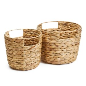 round wicker waste basket, wicker trash basket for plants indoor, water hyacinth basket with built-in handle, garbage can for kitchen/bathroom/bedroom/dorm/office, set of 2, small and large