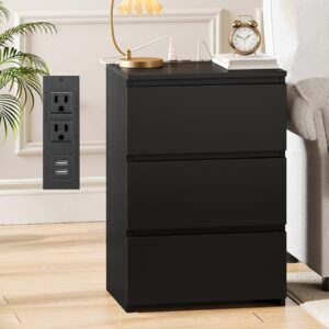 fotosok black nightstand, 26" h black night stand with charging station, black nightstand with usb ports & power outlets, silent slides, wooden end side table bedside table with 3 drawers for bedroom