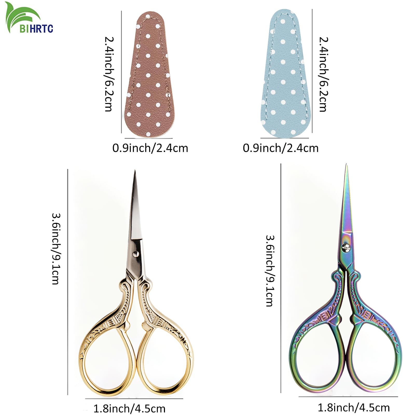 BIHRTC 2Pairs 3.6inch Sewing Scissors Small with Leather Cover Stainless Steel Sharp Tip Scissors Needlepoint Scissors Household Scissors for Sewing Crafting Art Work Threading Needlework