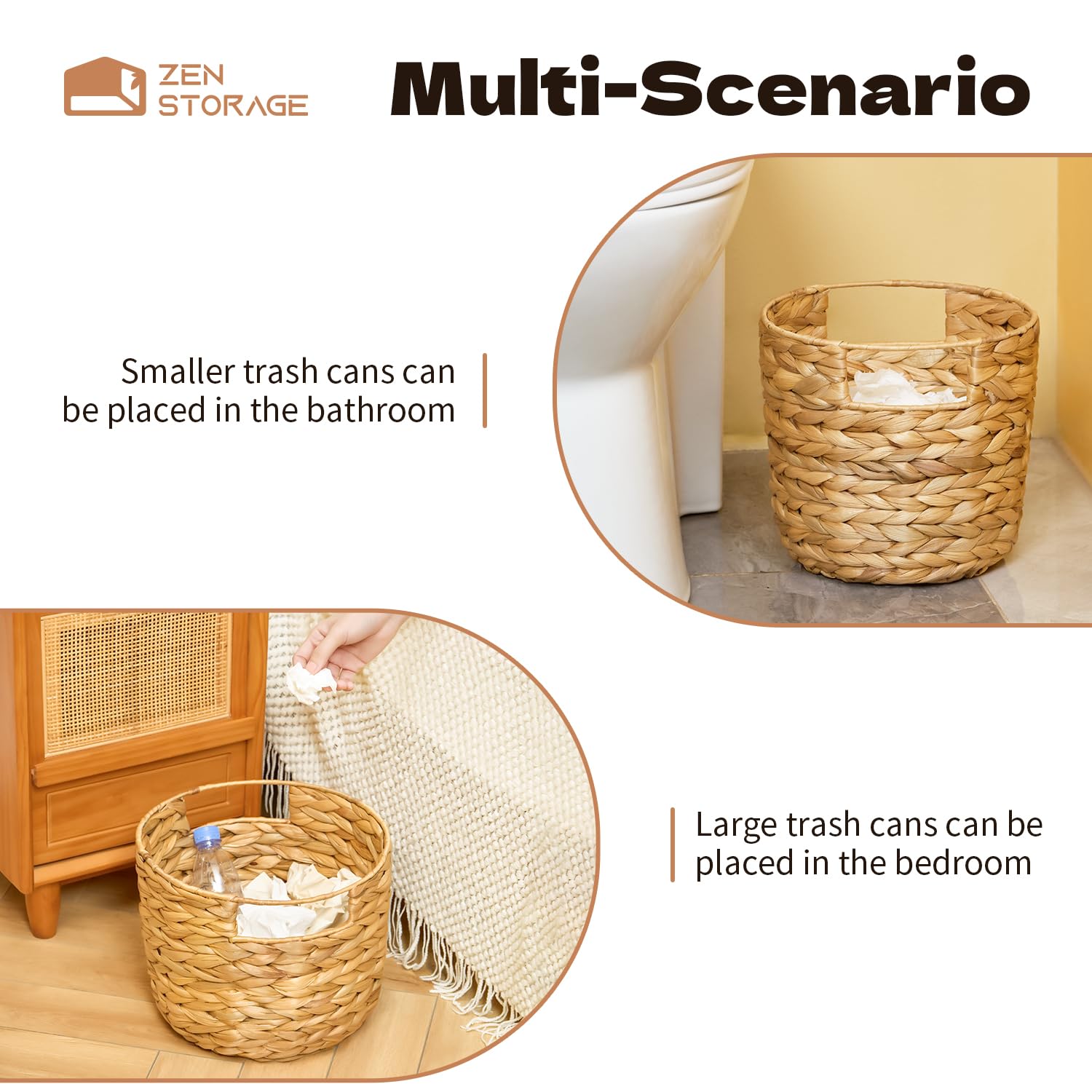 Round Wicker Waste Basket, Wicker Trash Basket for Plants Indoor, Water Hyacinth Basket with Built-In Handle, Garbage Can for Kitchen/Bathroom/Bedroom/Dorm/Office, Set of 2, Small and Large