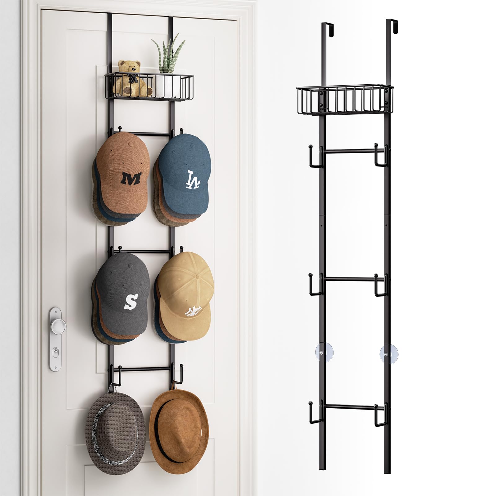 HapiRm Over Door Hat Rack - Hat Organizer for Baseball Caps, Wall Mounted Hat Holder with 6 Hat Hooks and Metal Basket Design, Hanging Hat Storage Up to 32 Caps for Door, Bedroom, Closet (Black)