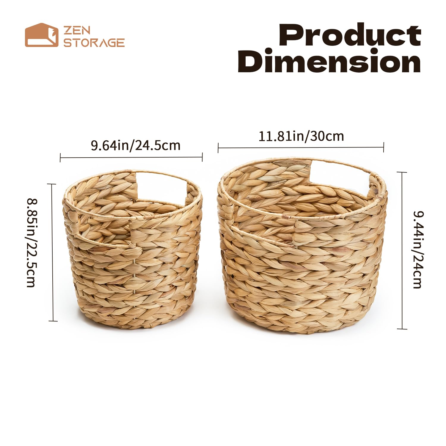 Round Wicker Waste Basket, Wicker Trash Basket for Plants Indoor, Water Hyacinth Basket with Built-In Handle, Garbage Can for Kitchen/Bathroom/Bedroom/Dorm/Office, Set of 2, Small and Large