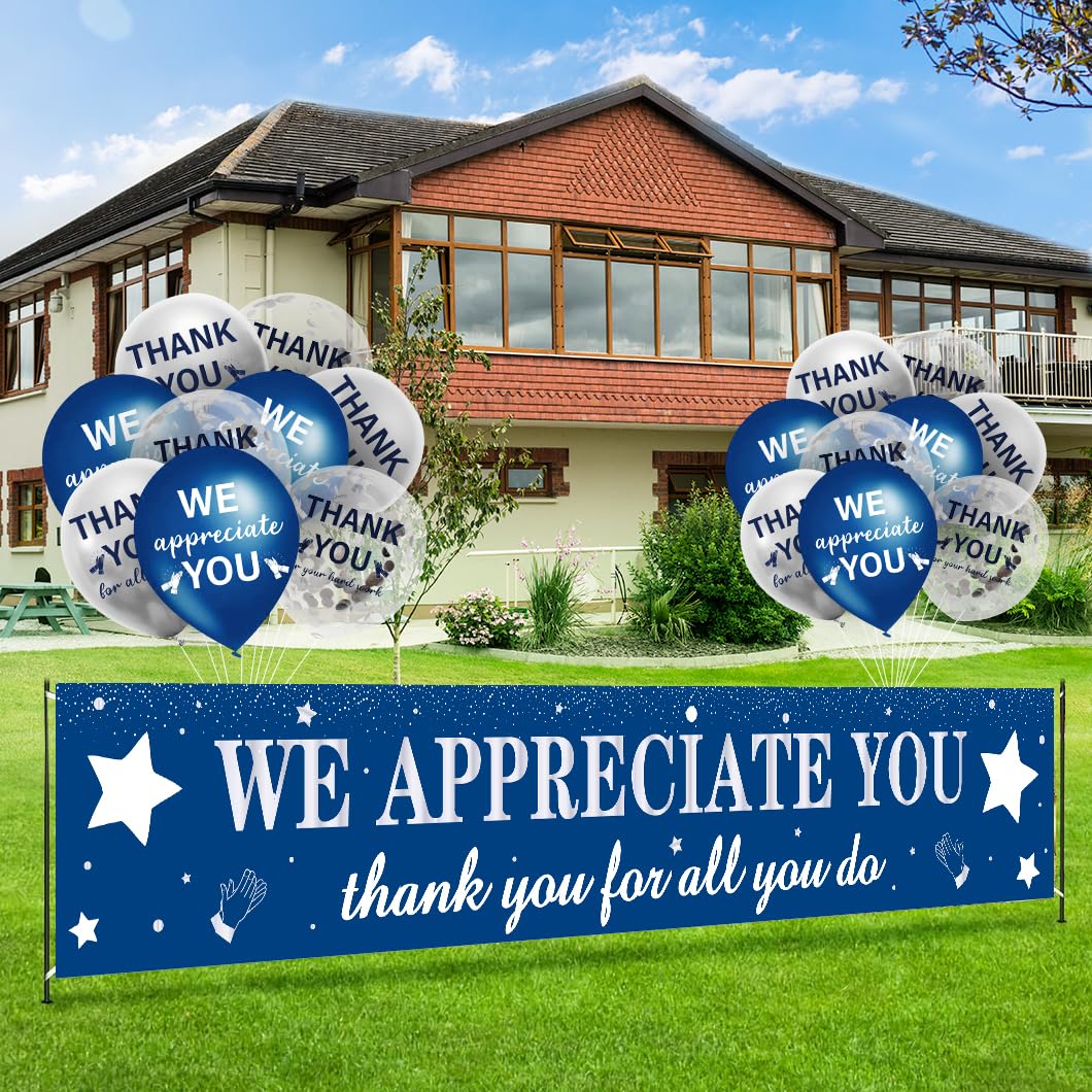 We Appreciate You Decorations Blue Silver Appreciate You Banner with 18 pcs Balloons Thank You Yard Sign for Teacher Employee Staff Poaster Doctors Nurse Volunteer Appreciation Week Party Decor