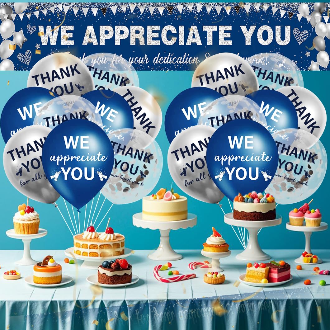 We Appreciate You Decorations Navy Blue Siver We Appreciate You Banner with 18 Balloons Thank You Yard Sign for Teacher Employee Staff Poaster Doctors Nurse Volunteer Appreciation Week Party Decor