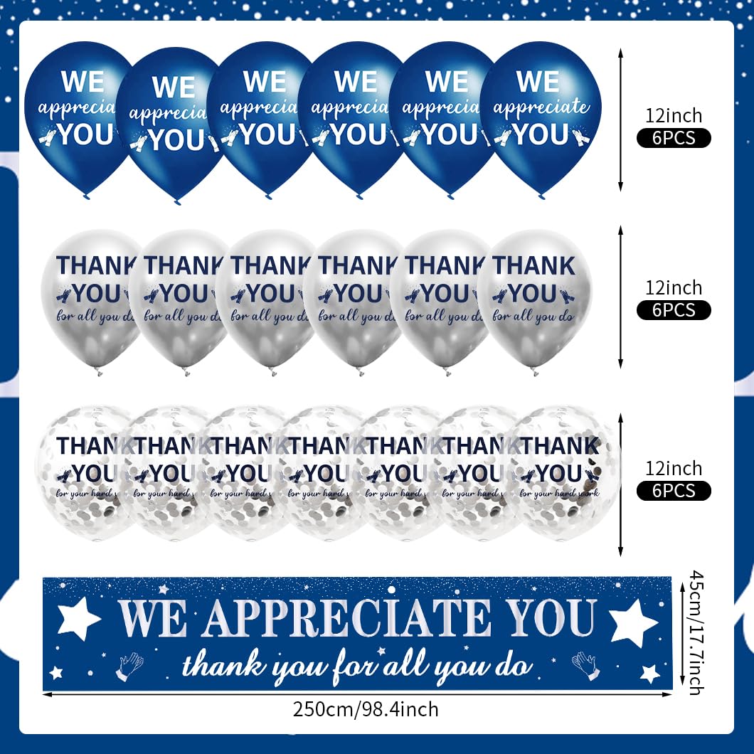 We Appreciate You Decorations Blue Silver Appreciate You Banner with 18 pcs Balloons Thank You Yard Sign for Teacher Employee Staff Poaster Doctors Nurse Volunteer Appreciation Week Party Decor