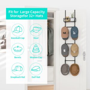 HapiRm Over Door Hat Rack - Hat Organizer for Baseball Caps, Wall Mounted Hat Holder with 6 Hat Hooks and Metal Basket Design, Hanging Hat Storage Up to 32 Caps for Door, Bedroom, Closet (Black)