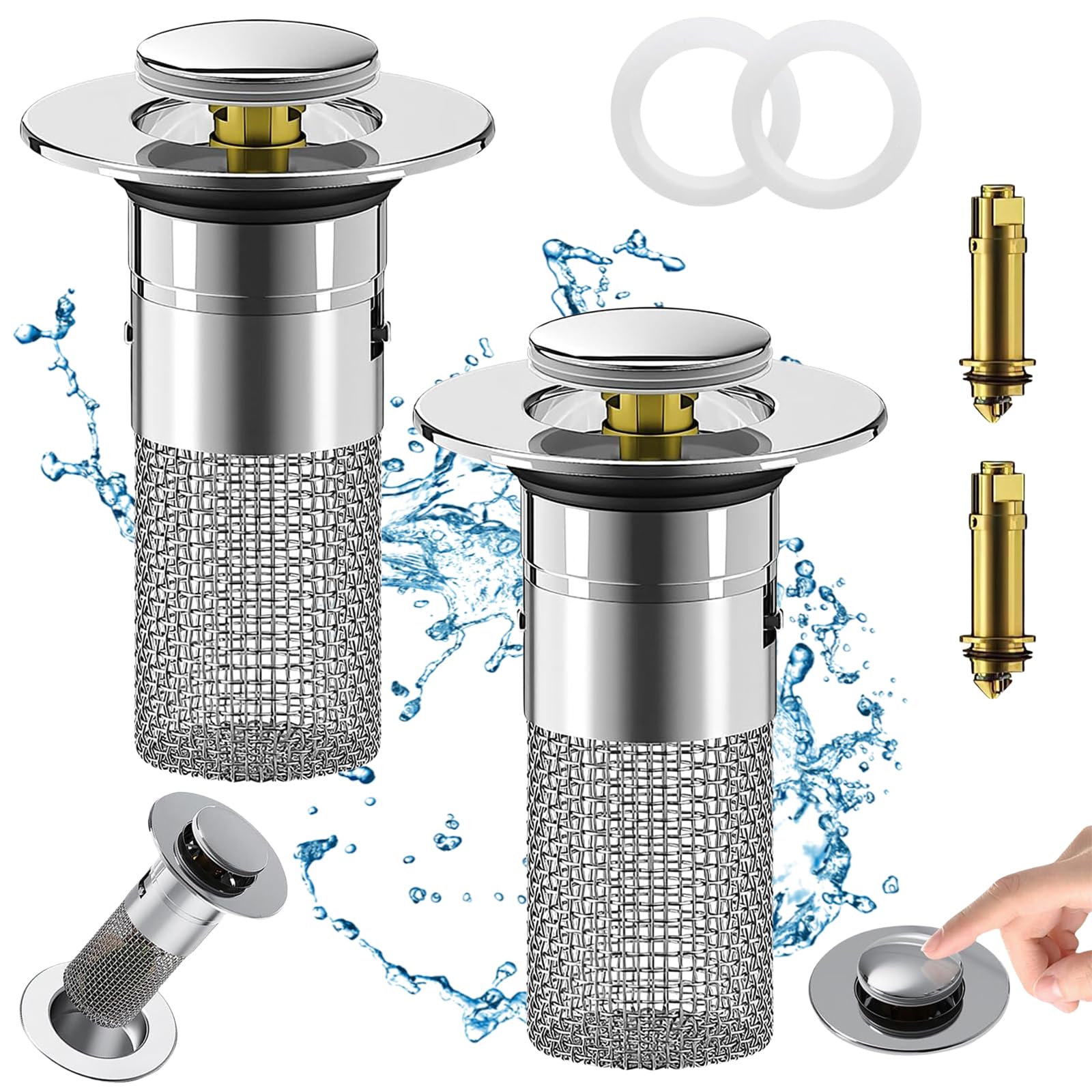 Bathroom Sink Drain Strainer, Pop Up Sink Drain Filter with Removable Stainless Steel Filter Basket Hair Catcher, Bathroom Sink Drain Stopper, for Us Bathroom Sink Stopper Replacement (2pcs)