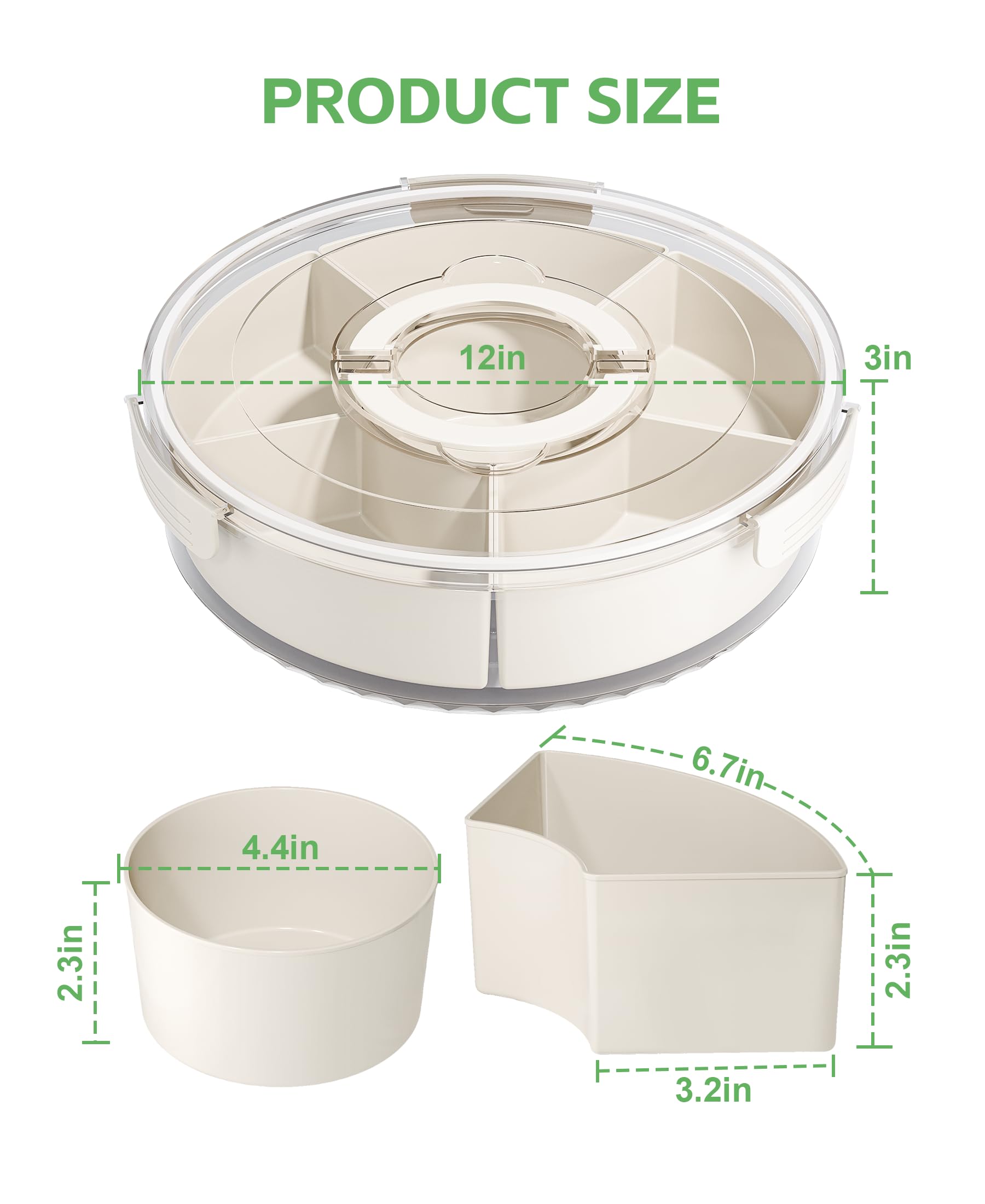 Divided Rotating Serving Tray with Lid and Handle, Portable Snackle Box for Fruits Snacks Veggie Charcuterie, Clear Snack Spinner Organizer and Storage for Adults Child (12" L-1pcs-6 Compartments)