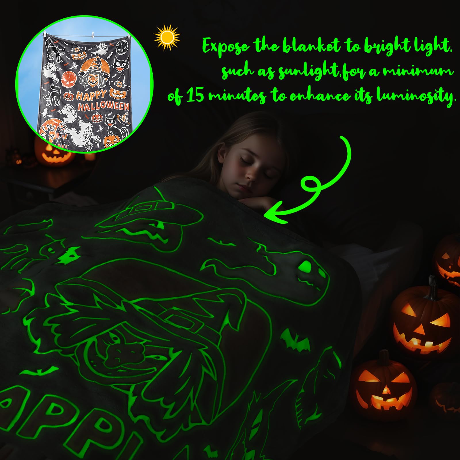 UOFON Halloween Blanket Pumpkin Throw Blanket Witchy Blanket Glow in The Dark for Kids Adults Halloween Decorations 50"x60"