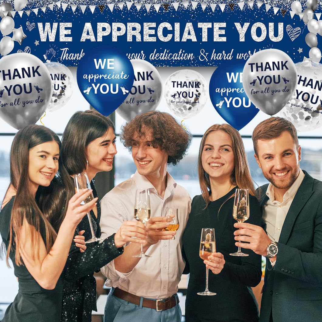 We Appreciate You Decorations Navy Blue Siver We Appreciate You Banner with 18 Balloons Thank You Yard Sign for Teacher Employee Staff Poaster Doctors Nurse Volunteer Appreciation Week Party Decor