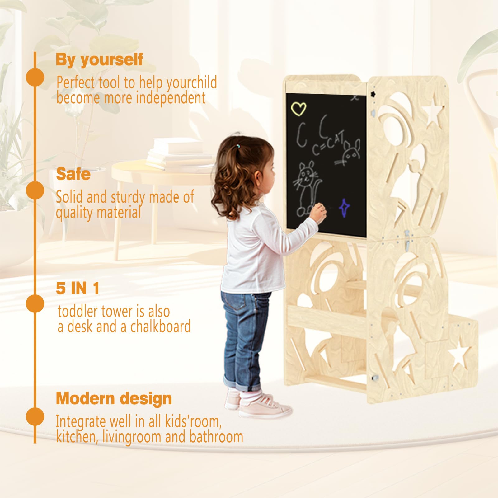 5-in-1 Toddler Tower, Children's Helper Stool, Montessori Toddler Standing Tower, Foldable Toddler Learning Tower, Natural Wooden, White, and Black Activity Chalkboard