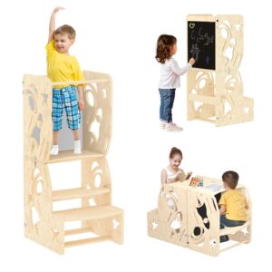 5-in-1 toddler tower, children's helper stool, montessori toddler standing tower, foldable toddler learning tower, natural wooden, white, and black activity chalkboard