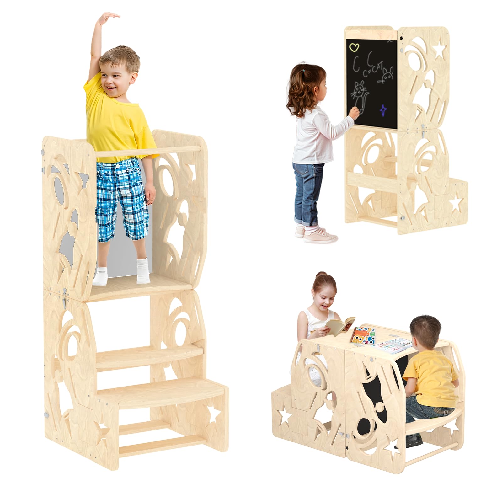 5-in-1 Toddler Tower, Children's Helper Stool, Montessori Toddler Standing Tower, Foldable Toddler Learning Tower, Natural Wooden, White, and Black Activity Chalkboard