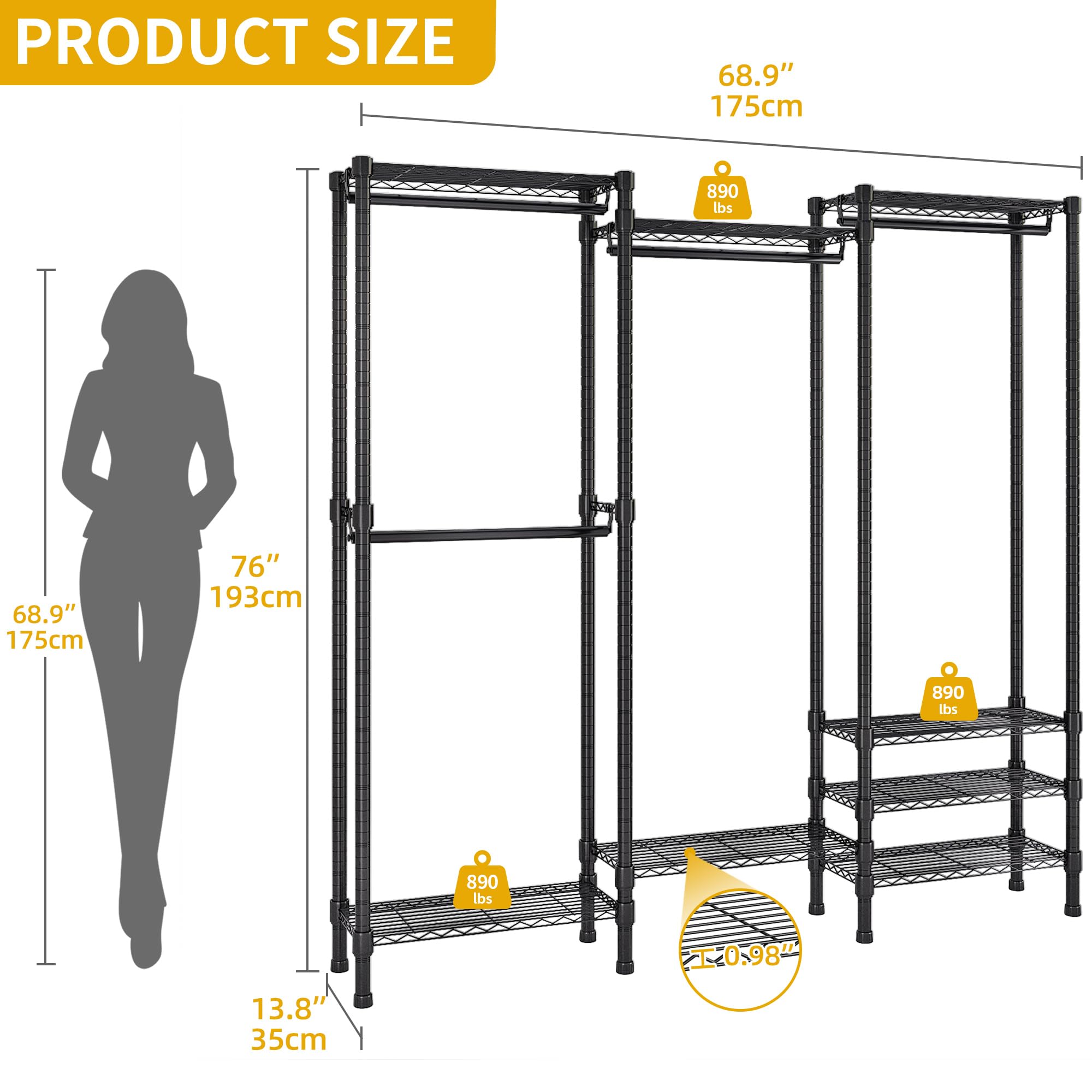 DWVO Closet Organizers and Storage System, Heavy Duty Walk-in Closet Shelves System, Adjustable Clothes Rack with 3 Hanging Rods, 8 Shelves, 68.9" L x 76" H x 13.8" W