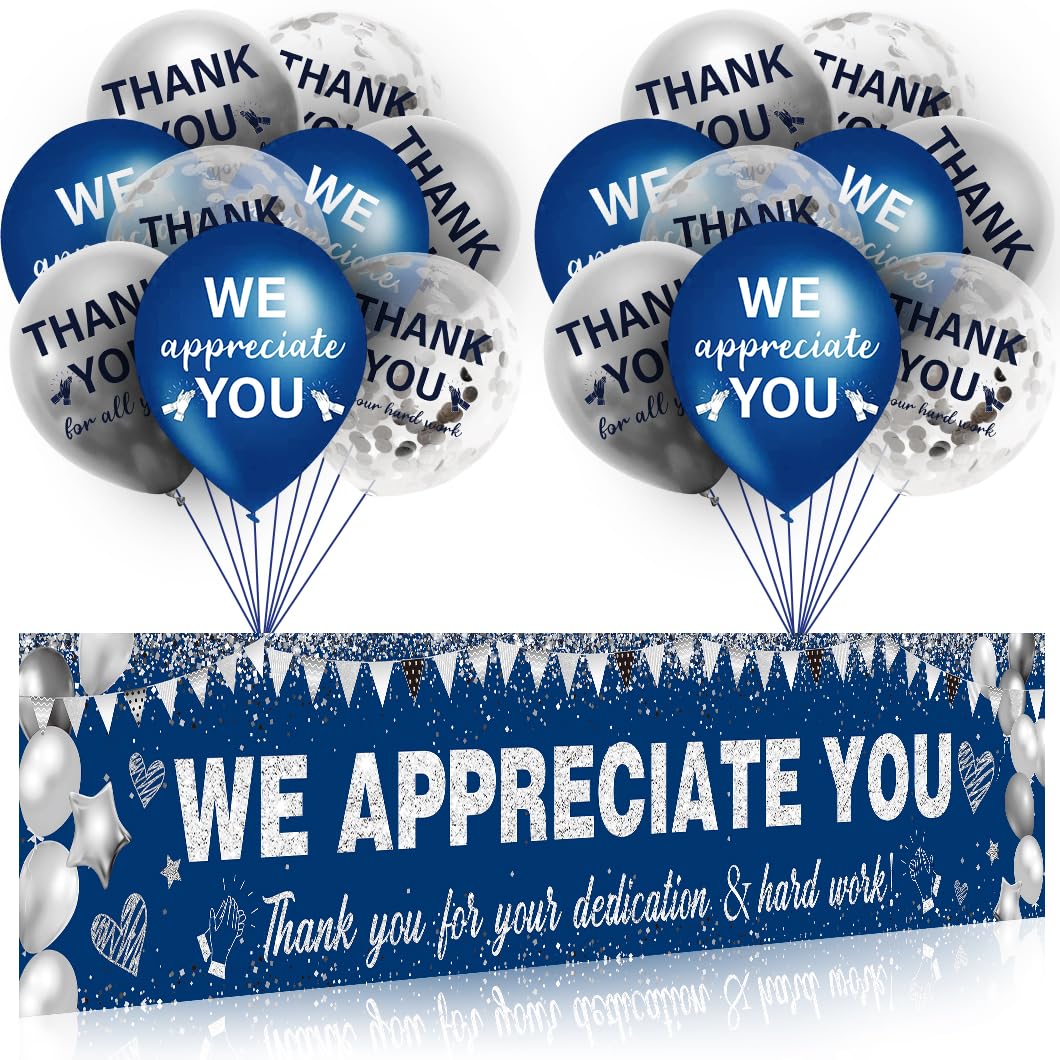 We Appreciate You Decorations Navy Blue Siver We Appreciate You Banner with 18 Balloons Thank You Yard Sign for Teacher Employee Staff Poaster Doctors Nurse Volunteer Appreciation Week Party Decor