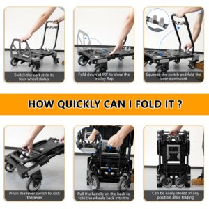 2-1 Folding Hand Truck Dolly with 2 Pcs Shopping Basket, 330LB Heavy Duty Carrying with 4 Wheels Foldable, Retractable Handle Collapsible Cart, Include 2 Bungee Cords, for Moving, Luggage, Office