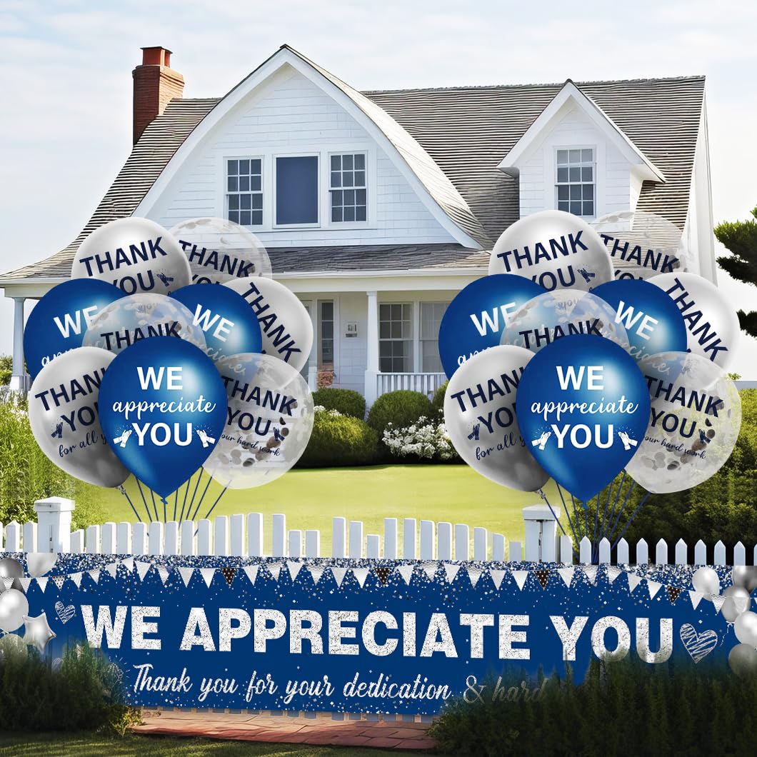 We Appreciate You Decorations Navy Blue Siver We Appreciate You Banner with 18 Balloons Thank You Yard Sign for Teacher Employee Staff Poaster Doctors Nurse Volunteer Appreciation Week Party Decor