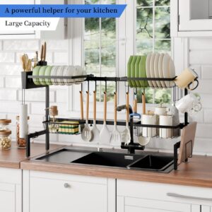 Fixwal Over The Sink Dish Drainer Drying Rack Large Dish Drying Rack 24.8"-35.5" Extendable Capacity Sink Rack with 4 Baskets, for Saving Space, Stainless Steel