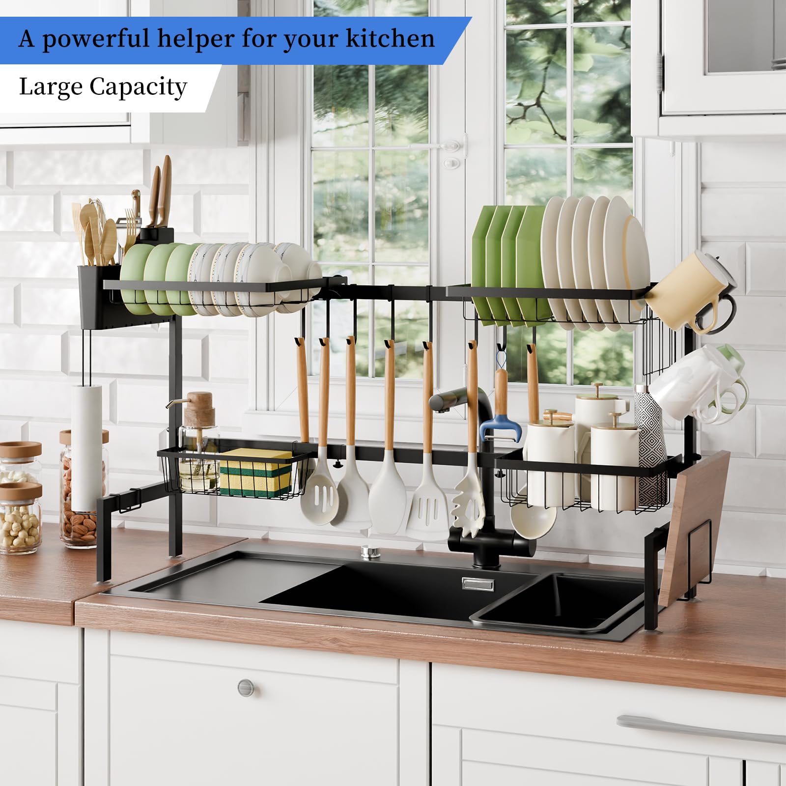 Fixwal Over The Sink Dish Drainer Drying Rack Large Dish Drying Rack 24.8"-35.5" Extendable Capacity Sink Rack with 4 Baskets, for Saving Space, Stainless Steel