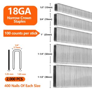 SITLDY 2000-Count 18 Gauge 1/4 Inch Narrow Crown Staples (1/2"+3/4"+1"+1-1/4"+1-1/2"), 400 per size, Heavy Duty Beveled Chiseled Pointed Galvanized, Assorted Size Project Pack