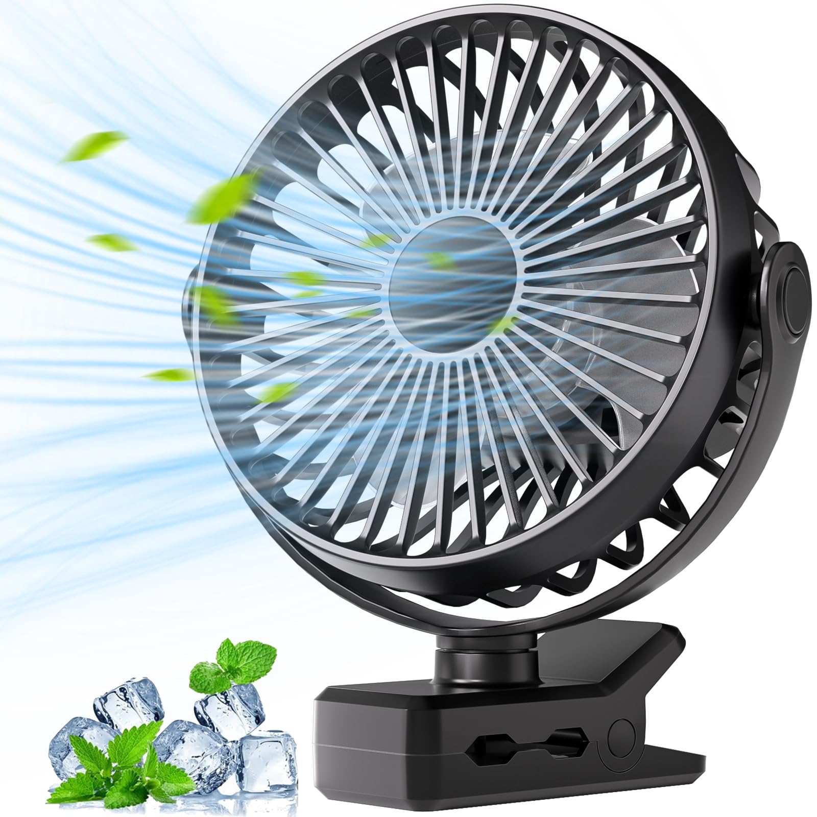 Portable Clip on Fan, Small Powerful Wind Cooling Desk Fan, 3 Speed Quiet Personal Fan with Clip, 360° Rotatable Battery Operated Rechargeable Mini Table Fan for Home Office Stroller Travel Camping