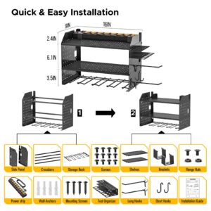 CRST Power Tool Organizer Wall Mount with Individual Switched Power Strip, Cordless Drill Holder with Charging Station, Modular Garage Organization Storage Rack Shelf, Pegboard, Gift for Man (Black)