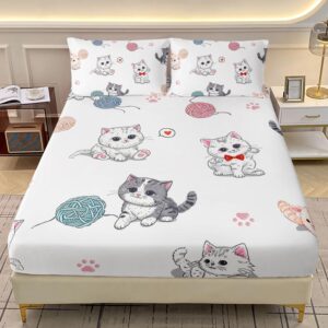 ailonen lovely cartoon cat bed set kids,cute woolen thread kittens bed sheet set for girls twin size, kawaii animal cat lover bedding set,3-piece, 1 fitted sheet and 2 pillowcases,soft breathable