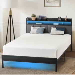 Z-hom Upholstered Twin Bed Frames, Upgraded Metal Bed Frame with LED Lights Headboard & Footboard, Bed Furniture with Charging Station Ports & Storage Shelves, Easy Assembly Bed Frame, Noise Free