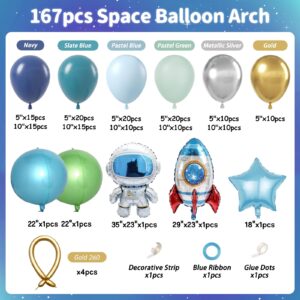 167pcs Space Balloons Arch Kit, Outer Space Party Decorations with Space Astronaut Rocket Blue Green Balloons Space Themed Birthday Party Baby Shower