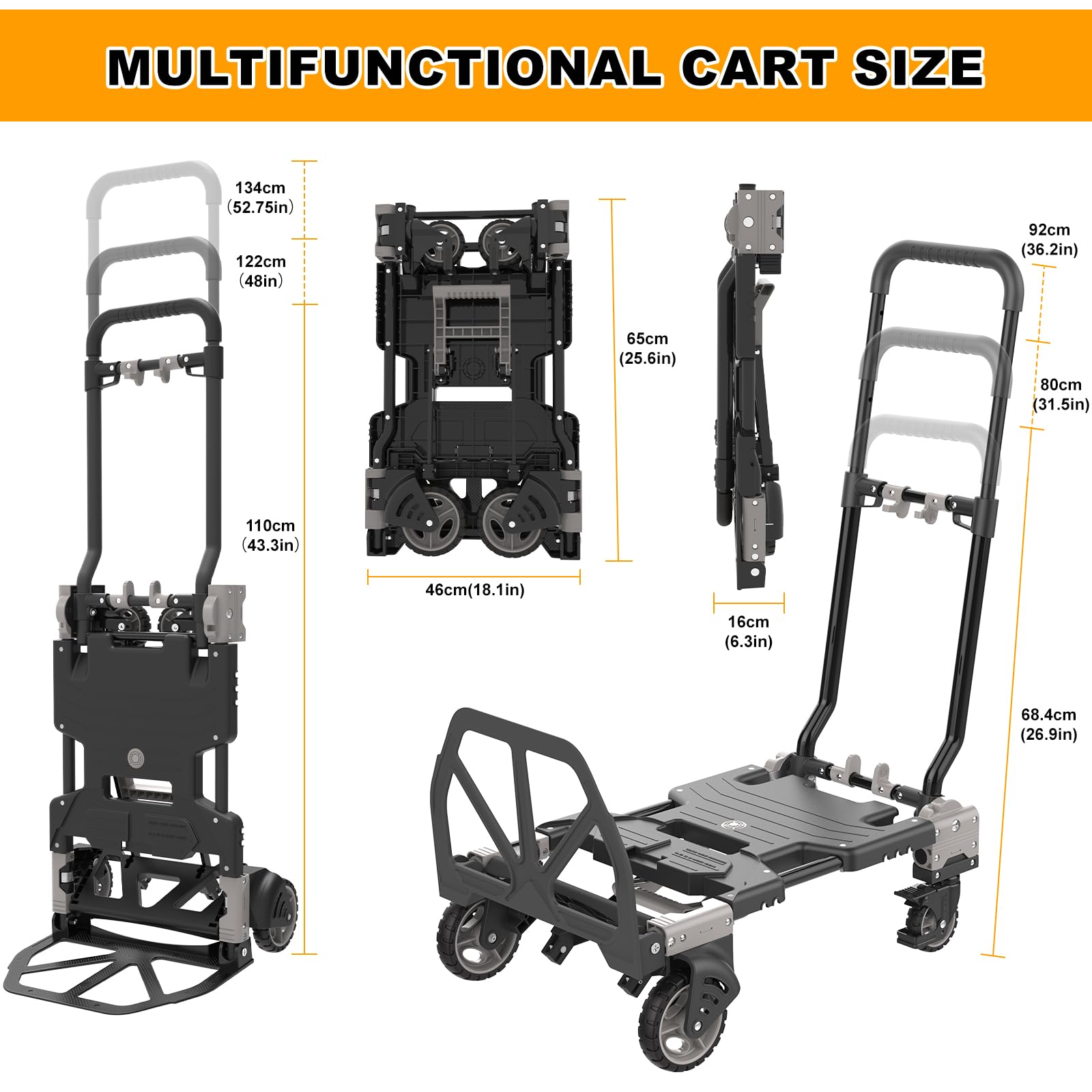 2-1 Folding Hand Truck Dolly with 2 Pcs Shopping Basket, 330LB Heavy Duty Carrying with 4 Wheels Foldable, Retractable Handle Collapsible Cart, Include 2 Bungee Cords, for Moving, Luggage, Office