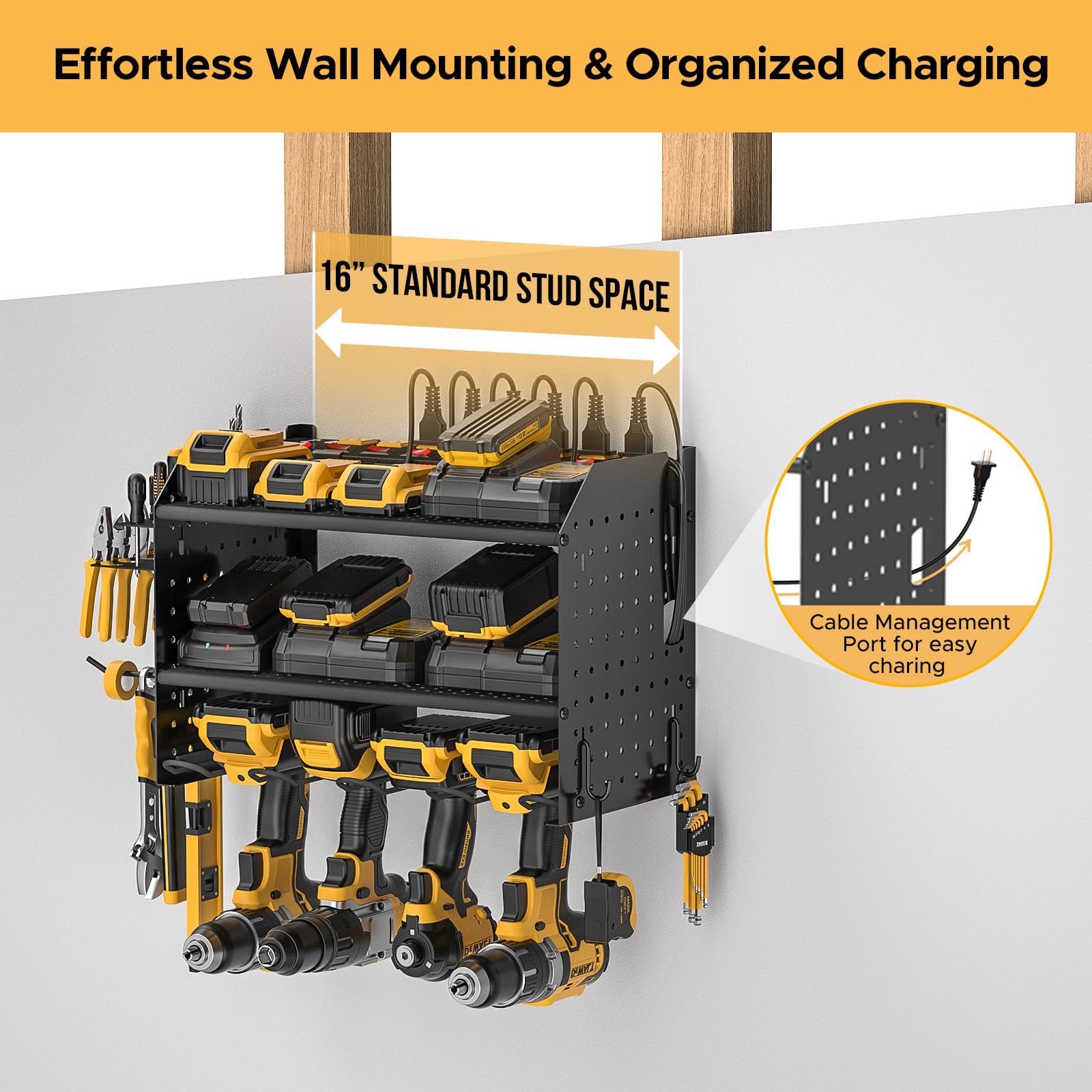 CRST Power Tool Organizer Wall Mount with Individual Switched Power Strip, Cordless Drill Holder with Charging Station, Modular Garage Organization Storage Rack Shelf, Pegboard, Gift for Man (Black)