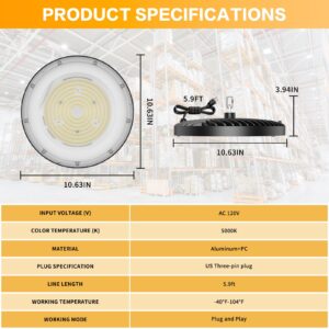 AKOFUN LED High Bay Light 150W 21,000lm 5000K Daylight UFO LED High Bay Shop Light with Hook 4' Cable, IP65 Waterproof Commercial Bay Lighting Fixture for Warehouse Workshop Barn Factory - 4 Pack