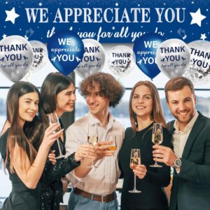 We Appreciate You Decorations Blue Silver Appreciate You Banner with 18 pcs Balloons Thank You Yard Sign for Teacher Employee Staff Poaster Doctors Nurse Volunteer Appreciation Week Party Decor