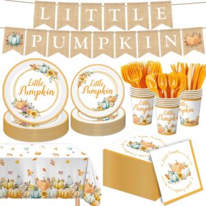 fall little pumpkin baby shower party decorations thanksgiving pumpkins disposable birthday party decorations set with plates, cups, napkins, tablecloth, banner, knives, spoons and forks, serves 24