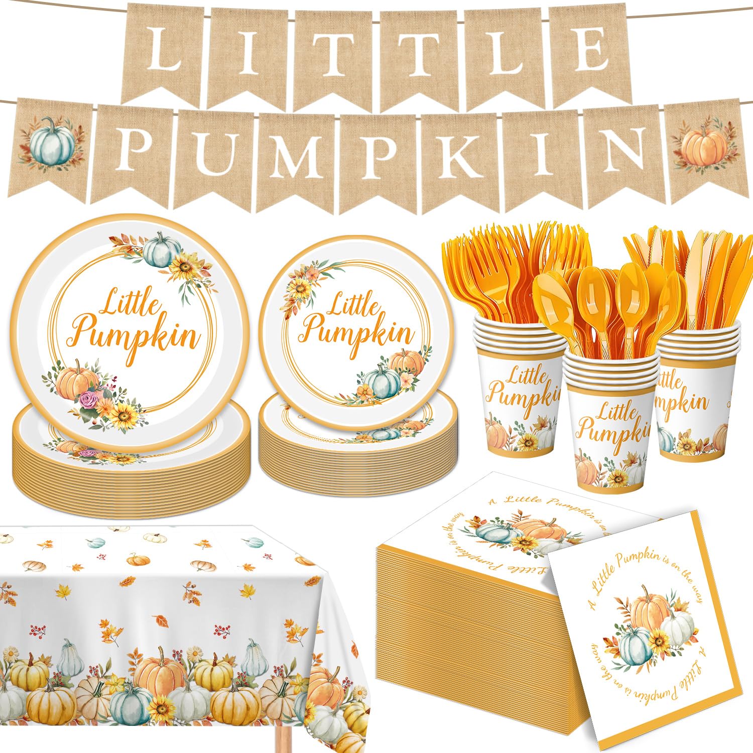 Fall Little Pumpkin Baby Shower Party Decorations Thanksgiving Pumpkins Disposable Birthday Party Decorations Set with Plates, Cups, Napkins, Tablecloth, Banner, Knives, Spoons and Forks, Serves 24