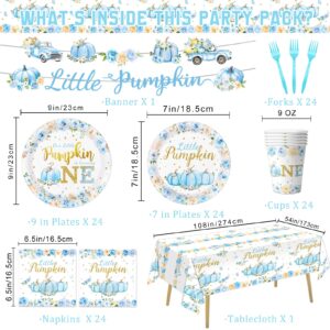 Little Pumpkin First Birthday Decorations - Little Pumpkin is Turning One Decorations Set Includes Plates, Napkins, Cups, Forks, Tablecloth, Banner fo Boy Pumpkin Birthday Decorations, Serves 24