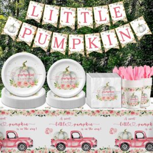 Yuzioey 177pcs Pumpkin Baby Shower Decorations, A Little Pumpkin is On The Way, Fall Pink Pumpkin Disposable Dinnerware (Serve 25 Guests)with Paper Plates Cups Napkins, Banner Tablecloth