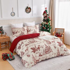 Christmas Duvet Cover Queen Size, 3PCs Red Village Christmas Bedding Set, Holiday Decor Soft Microfiber Duvet Cover and 2 Pillowcases with Zipper Closure for Kids Teens Adults (90"x90")