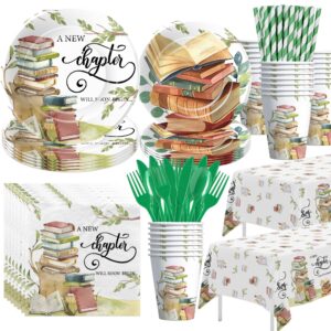 apowbls storybook baby shower decorations supplies - a new chapter will soon begin book theme party decorations, plate, cup, napkin, tablecloth, cutlery, library reading book club decoration, serve 24