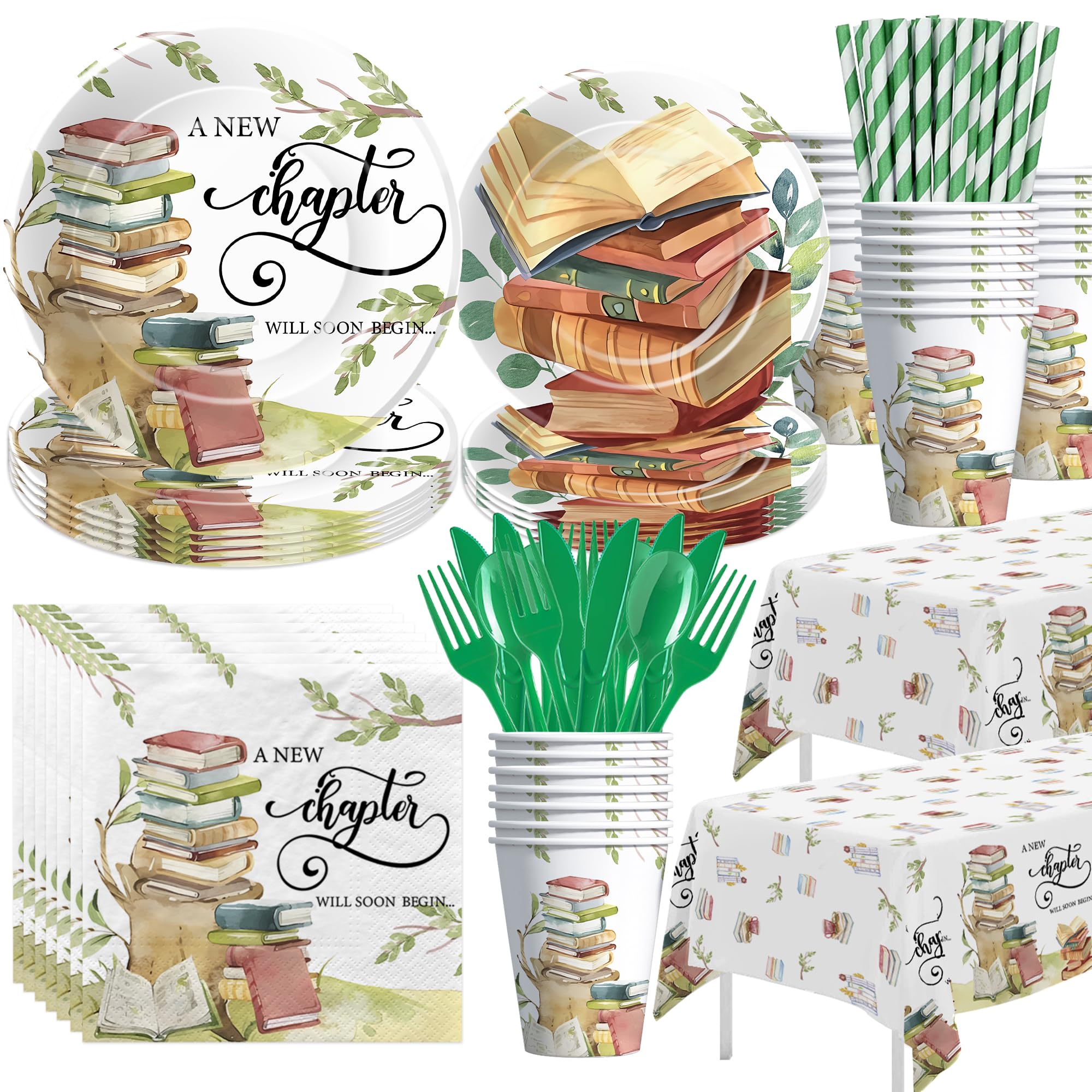 APOWBLS Storybook Baby Shower Decorations Supplies - A New Chapter Will Soon Begin Book Theme Party Decorations, Plate, Cup, Napkin, Tablecloth, Cutlery, Library Reading Book Club Decoration, Serve 24