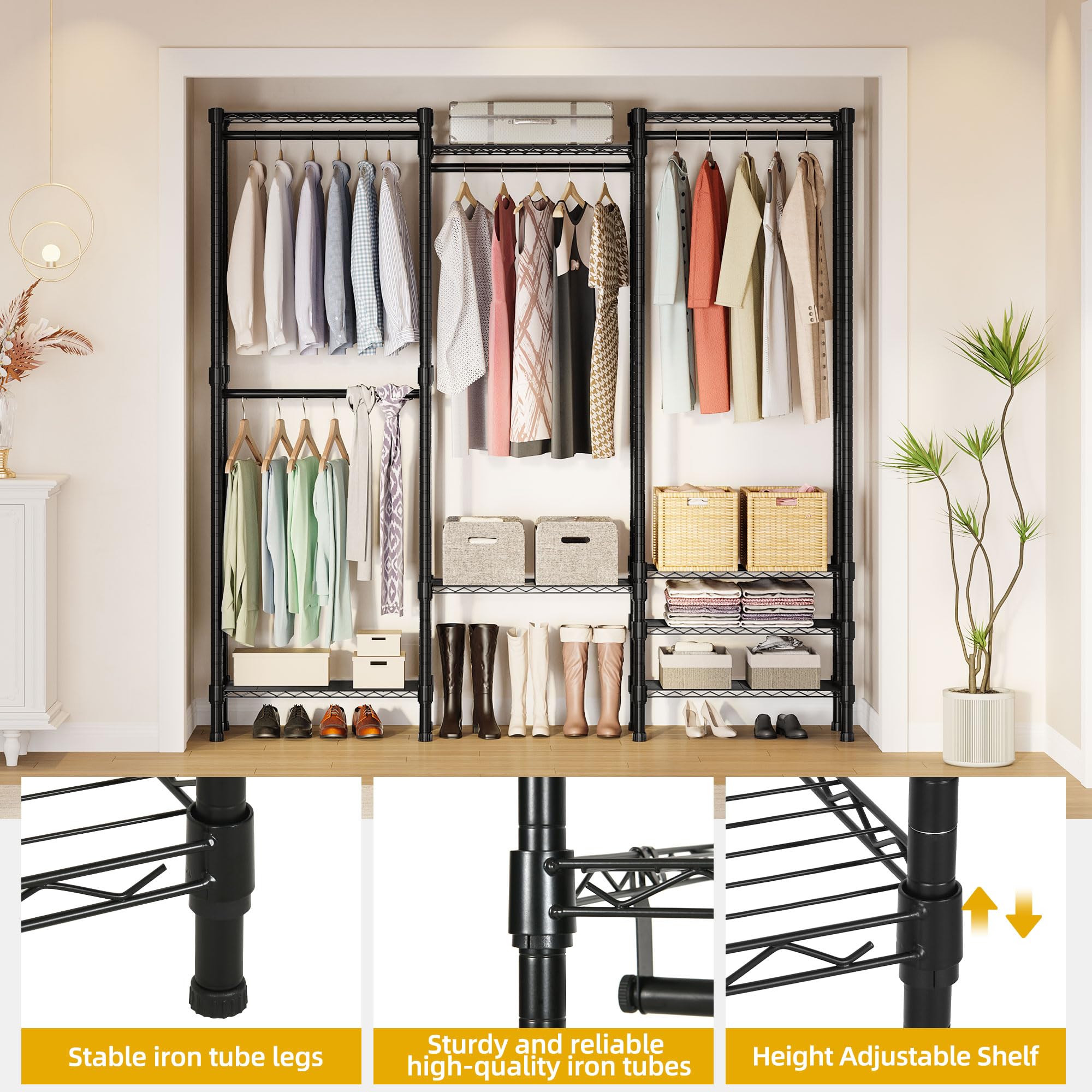 DWVO Closet Organizers and Storage System, Heavy Duty Walk-in Closet Shelves System, Adjustable Clothes Rack with 3 Hanging Rods, 8 Shelves, 68.9" L x 76" H x 13.8" W