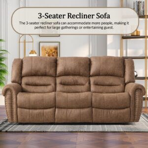 CANMOV Faux Leather Manual Reclining Sofa,3 Seat Recliner Couch Sofa with Overstuffed Comfortable Armrest and Backrest for Living Room, Office(Nut Brown, Sofa)