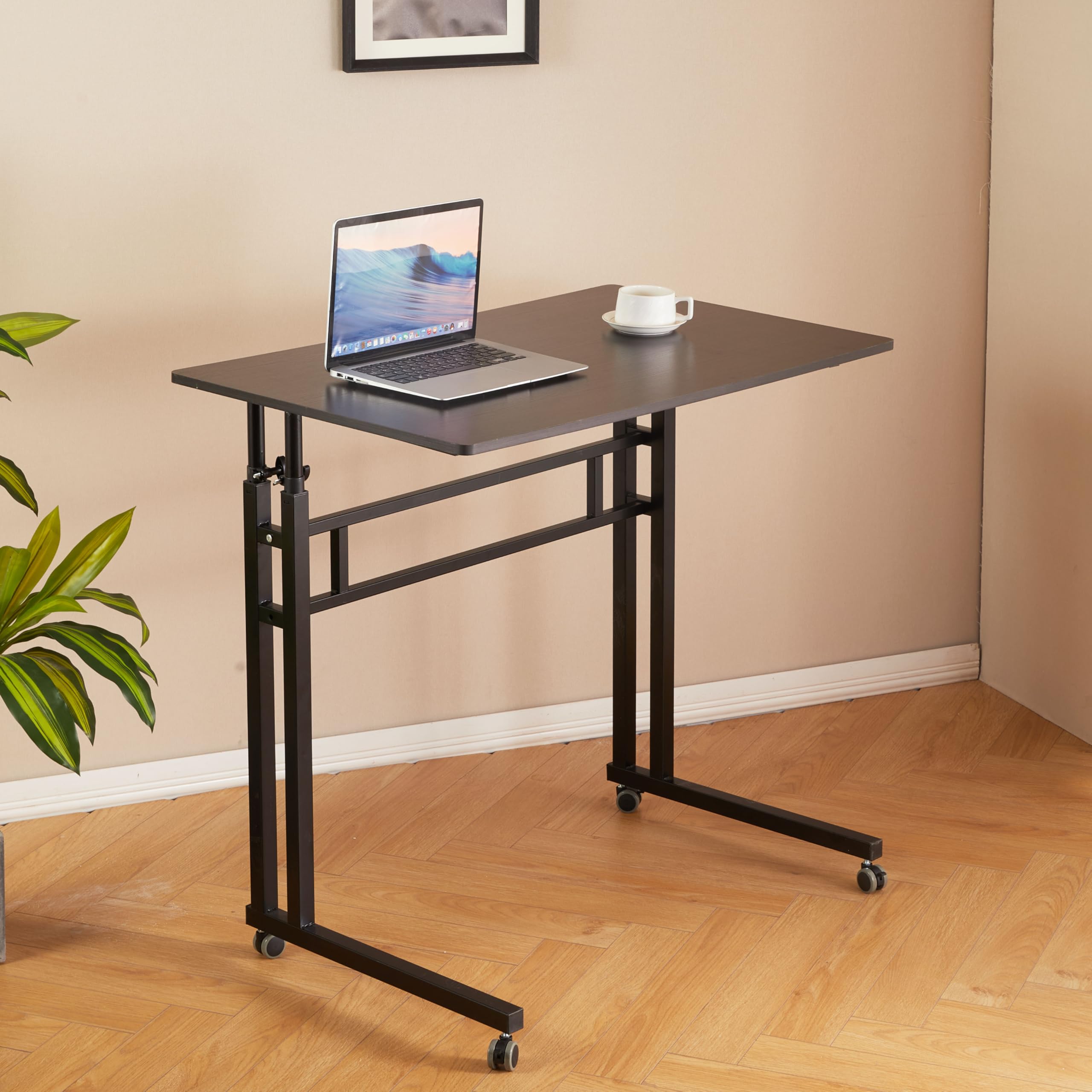 Aerkenga Standing Desk Small Computer Desk, 39.3 Inch Height Adjustable Sit to Stand Desk, Rolling Mobile Desk Portable Laptop Desk for Home Office Use, Black Brown