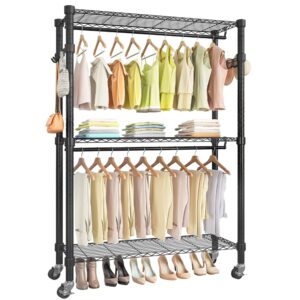 dwvo rolling clothes rack with wheels, heavy duty garment rack with 3 tiers adjustable wire shelving, portable clothing rack for cloakroom bedroom laundry storage organizer, black