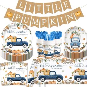 yuzioey 177pcs pumpkin baby shower decorations, a little pumpkin is on the way, fall pumpkin disposable dinnerware (serve 25 guests)with paper plates cups napkins, banner tablecloth